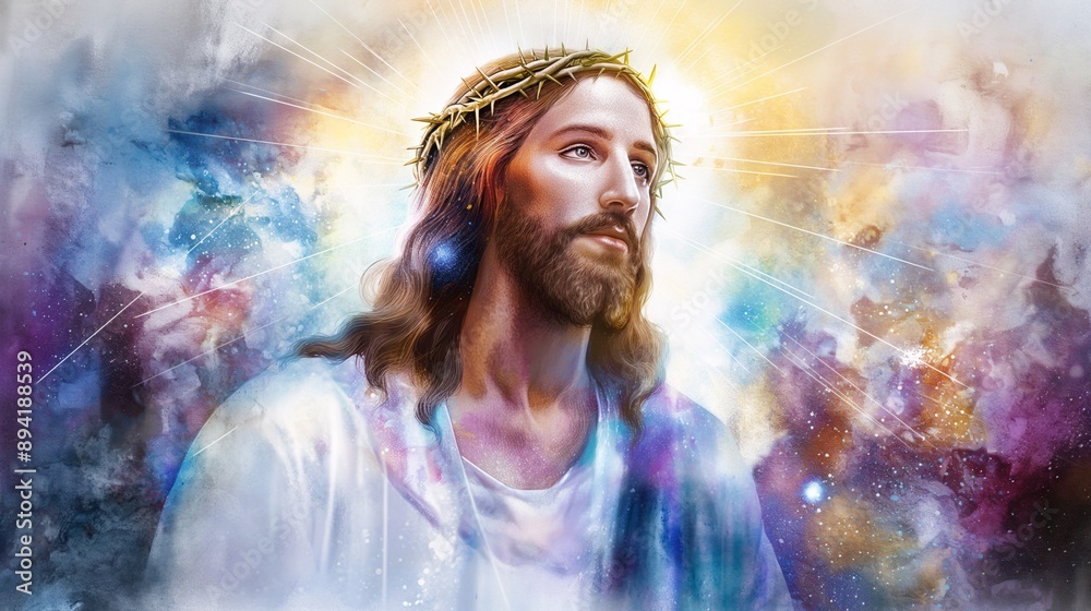 Jesus Christ with a radiant halo, surrounded by soft, luminous light ...