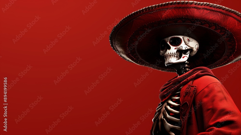 Stylized Day of the Dead skeleton wearing a traditional sombrero and ...