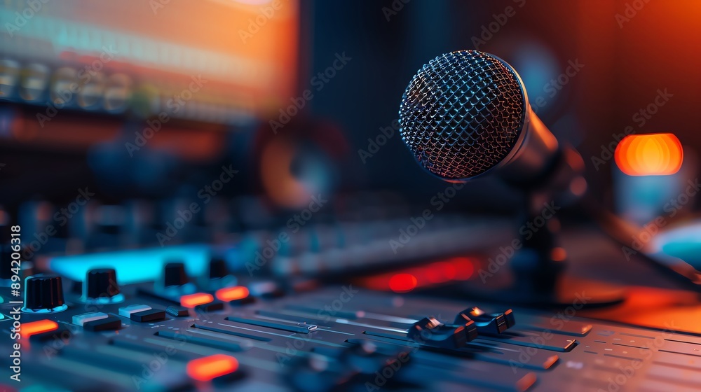 Microphone in audio production setup, digital sound editing, abstract ... Microphone in audio production setup, digital sound editing, abstract ...