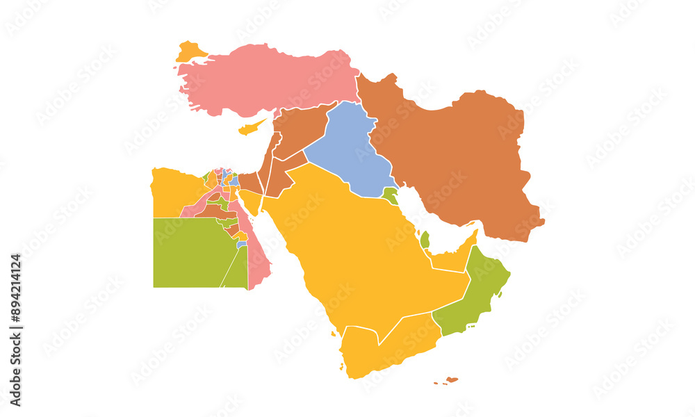 Middle east map with individual colors,isolated on white background for ...