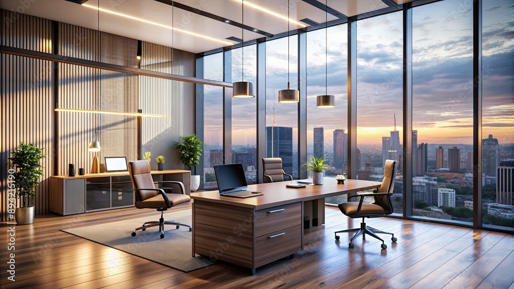 Modern elegant office interior features panoramic windows, sleek ...