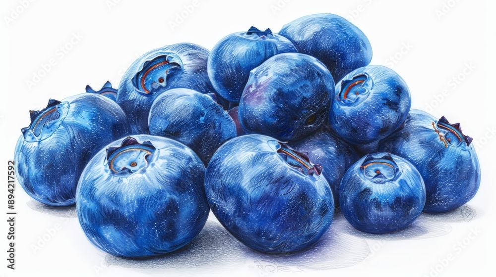 Clear and vibrant hand-drawn color pencil sketch of a fresh blueberry ...