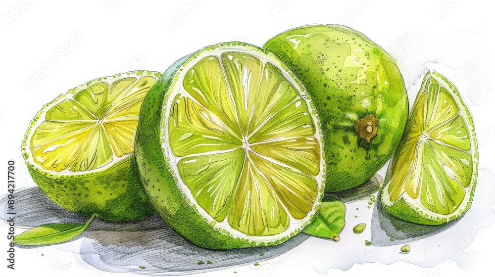 Clear and vibrant hand-drawn color pencil sketch of a fresh lime and ...