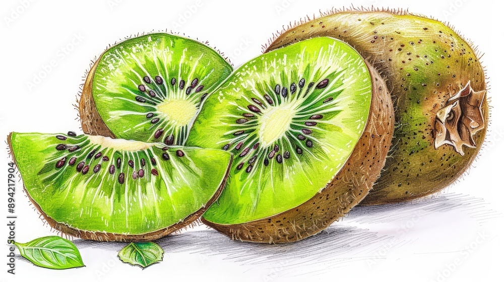 Clear and vibrant hand-drawn color pencil sketch of a fresh kiwi and ...