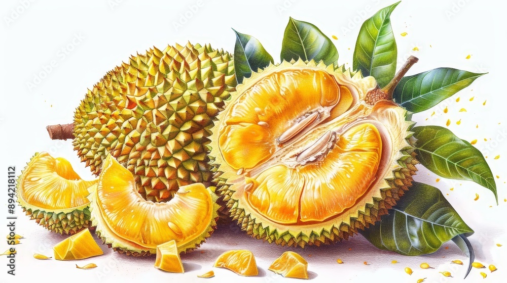 Clear and vibrant hand-drawn color pencil sketch of a fresh jackfruit ...