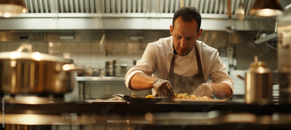 Skilled chef in a bustling restaurant kitchen expertly prepares ...