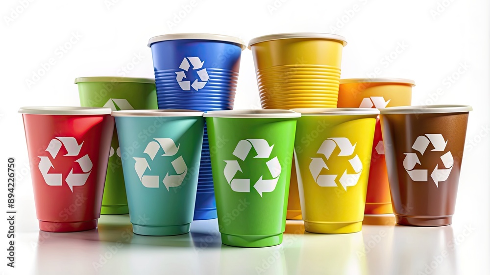 Colorful assortment of empty cups with prominent eco-friendly recycling ...