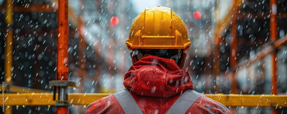 Construction worker facing away, torrential rain, tightening screws on ...