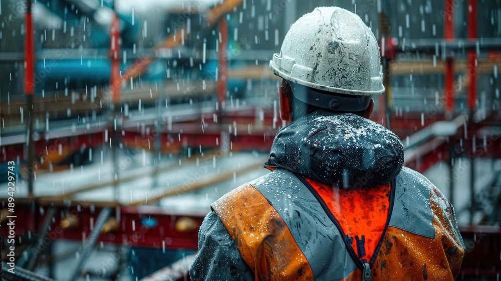 Construction worker facing away, heavy rain, tightening bolts on a ...
