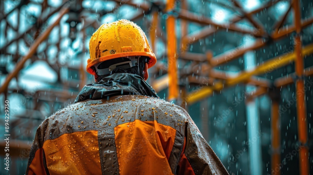 Construction worker facing away, heavy rain, tightening bolts on a ...