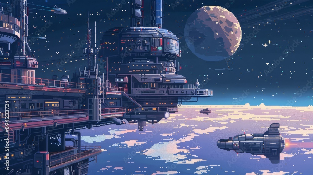 Pixel Art Space Station Exterior with Spaceships and Distant Moon for ...