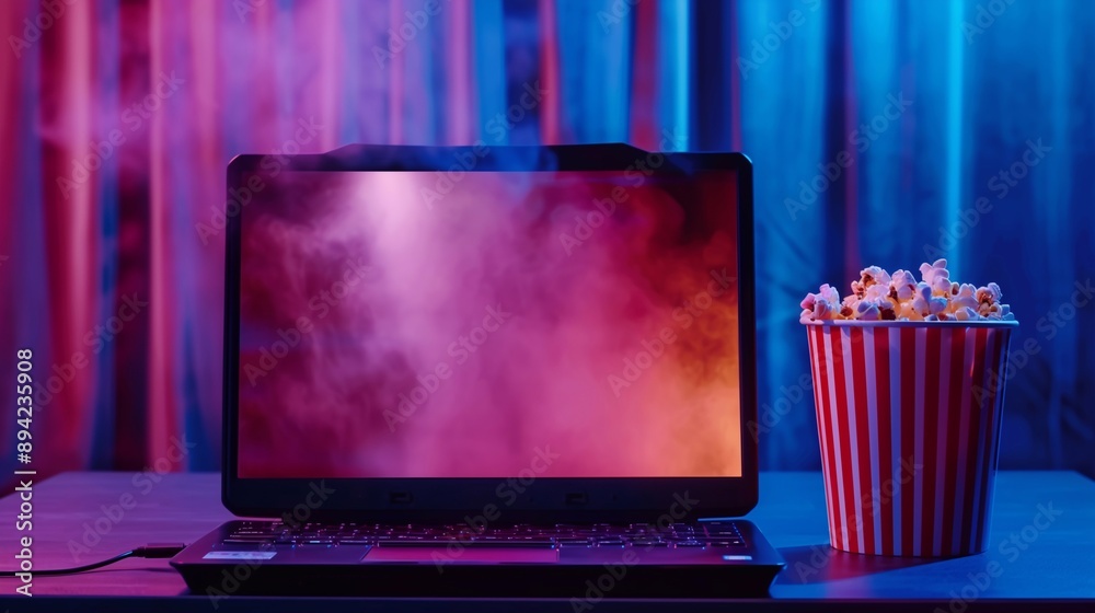 Cinematic experience at home with a laptop casting a vibrant light, a ...