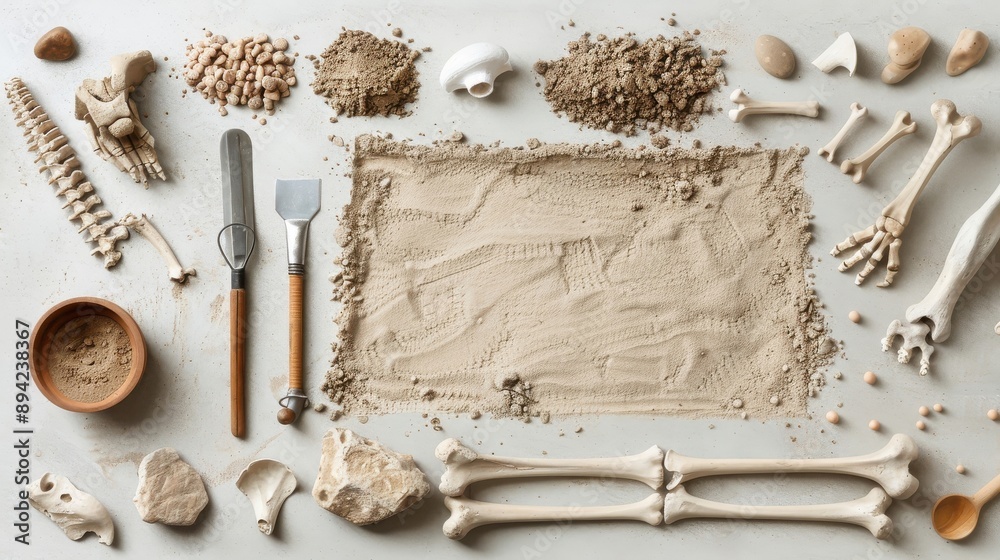 Archaeological dig site featuring fossilized bones, excavation tools ...