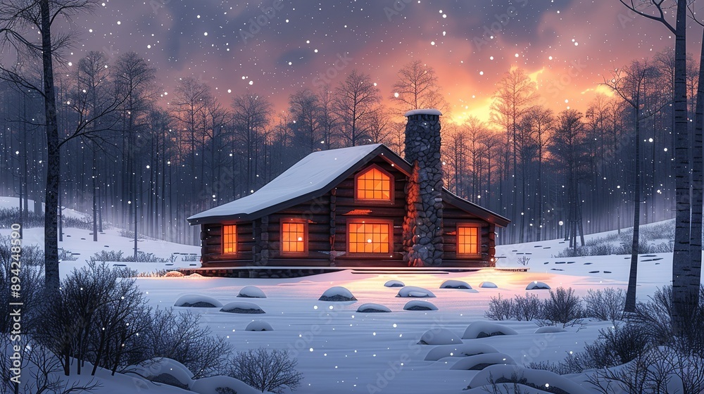 Rustic cabin in the woods with boarded-up windows and a mysterious glow ...
