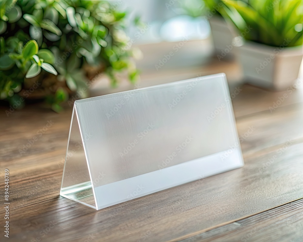 Empty stylish modern minimal frosted glass name tag or place card ...