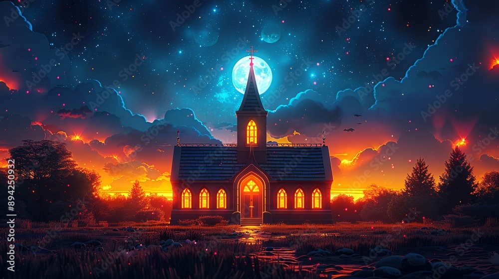 Spooky old chapel with stained glass windows glowing in the moonlight ...