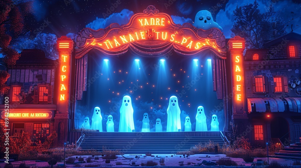 Haunted theater stage with ghostly actors performing under dim lights ...