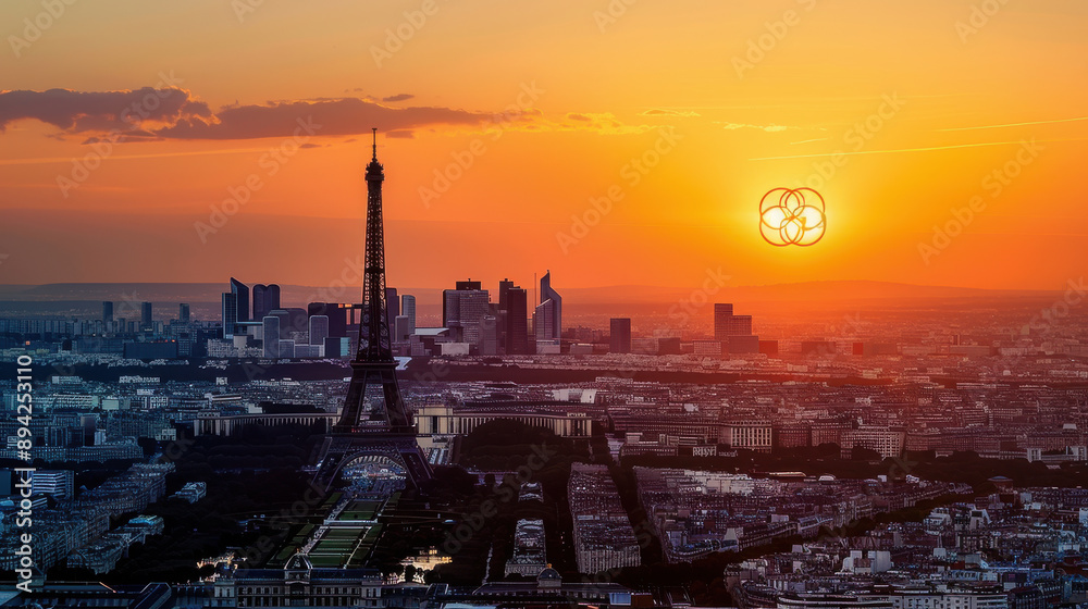 Olympic rings at sunset with the Eiffel Tower, panoramic background for ...