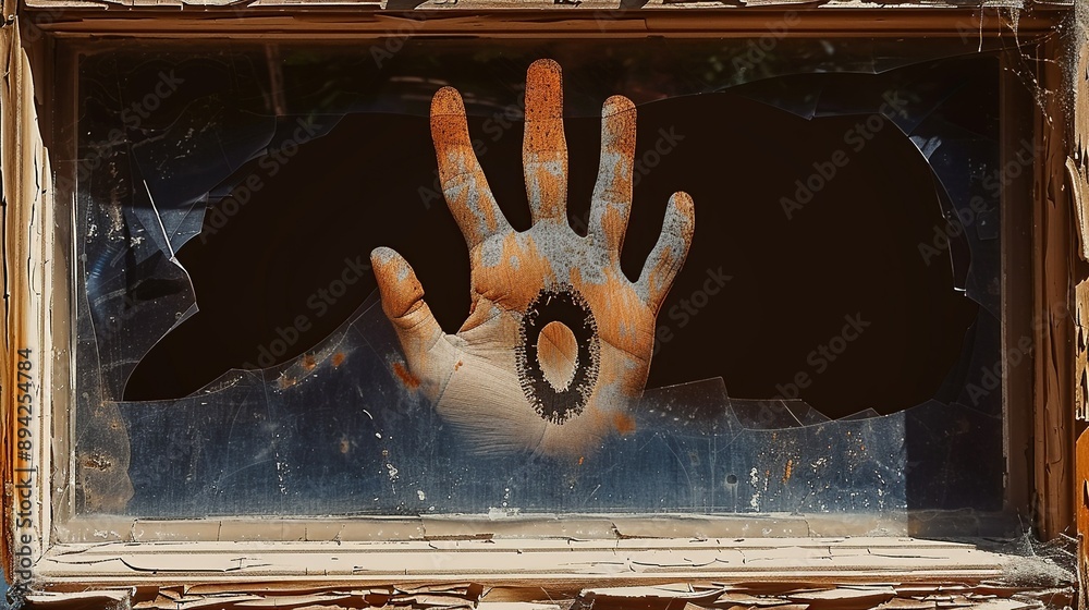 Mysterious handprint on a dusty window in an old, abandoned mansion ...