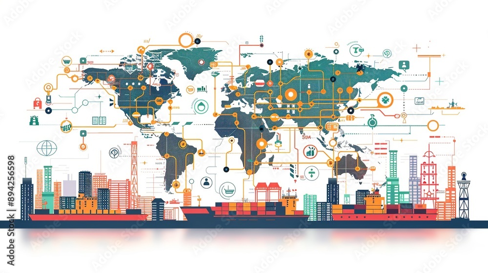 Global trade and commerce with abstract world map and shipping routes ...