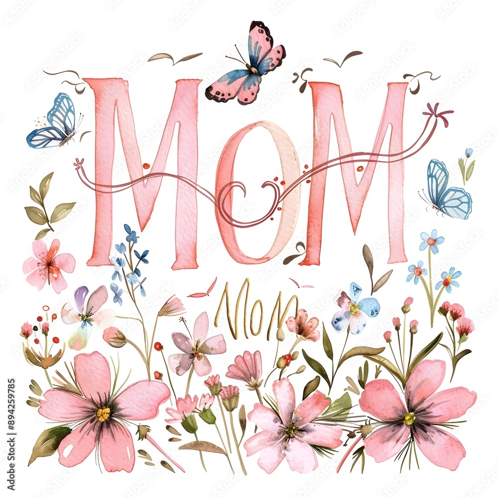 "MOM" in large, artistic font with floral patterns and butterflies ...