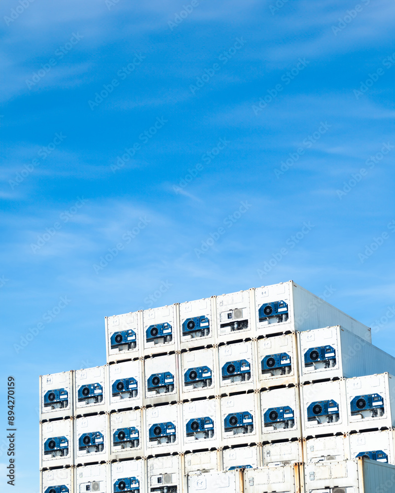 Container reefer export logistic crane forklift port blue sky ...