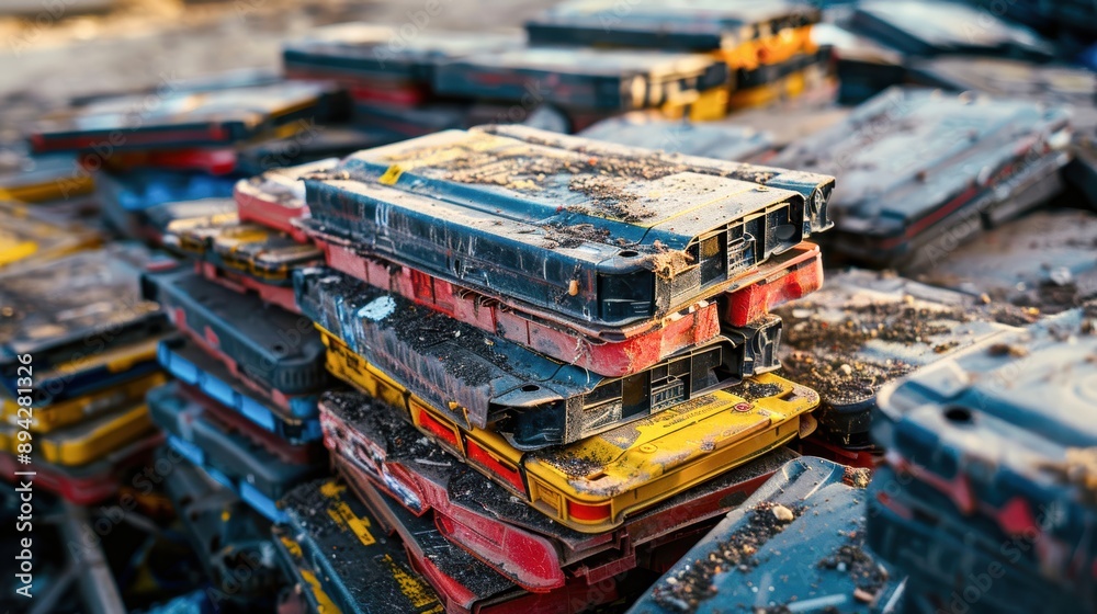 Pile of discarded car battery packs in a recycling center, battery ...