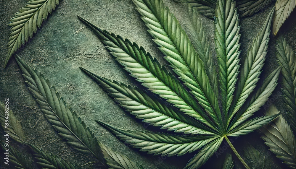 Green cannabis leaves on a textured background, with veins and textures ...