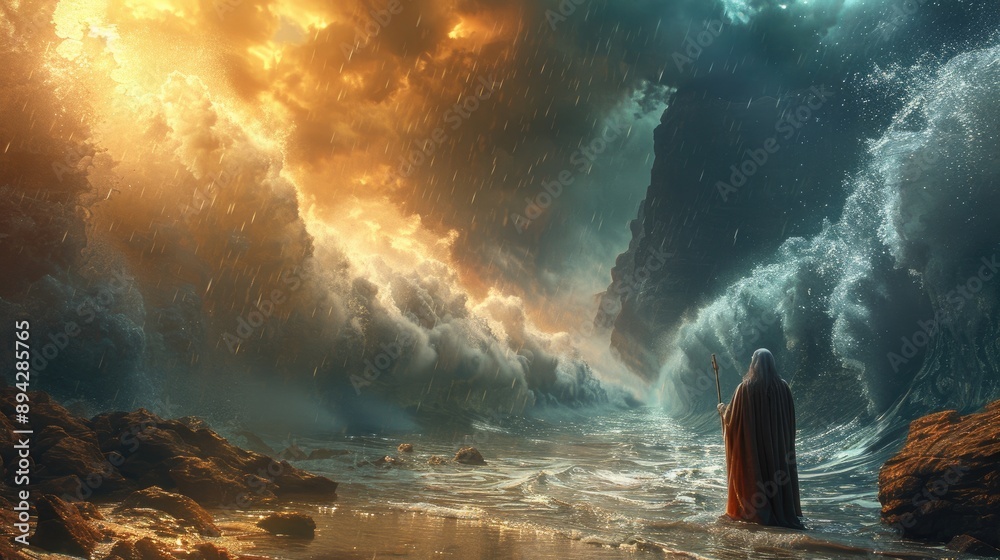 Moses parting the Red Sea, with towering walls of water on either side ...