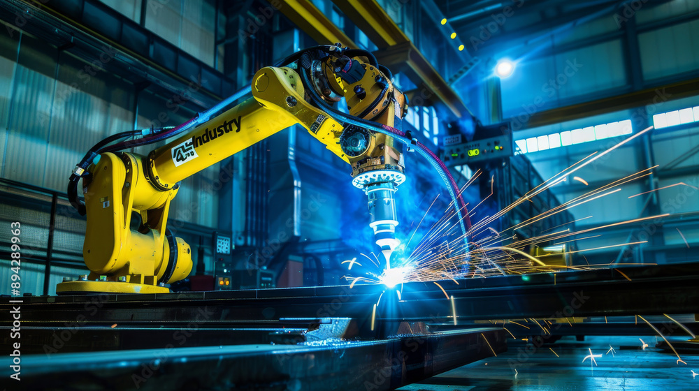 Engineers oversee and operate advanced welding robots in a factory ...