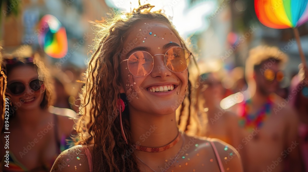 LGBTQ pride parade a lot of rainbow flags and balloons fills the iconic ...