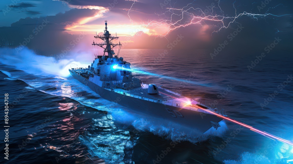Highlight a futuristic naval destroyer with laser defense systems and ...