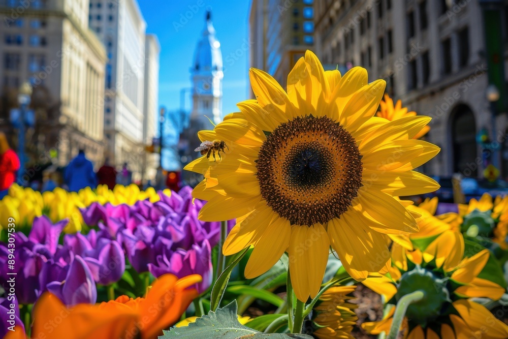 Urban street transforms into a vibrant garden with oversized flowers ...