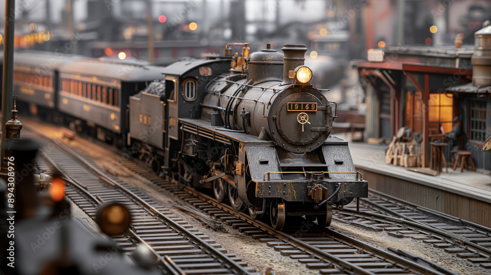 Vintage steam locomotive pulling a passenger train on tracks in a model ...