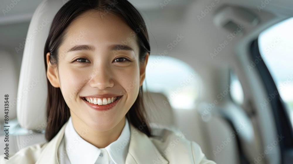 Realistic hyper-detailed portrait of a cheerful young Asian woman taxi ...
