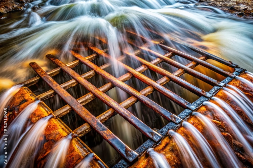 Water cascades through a rusty metal grate on a storm drain, creating a ...
