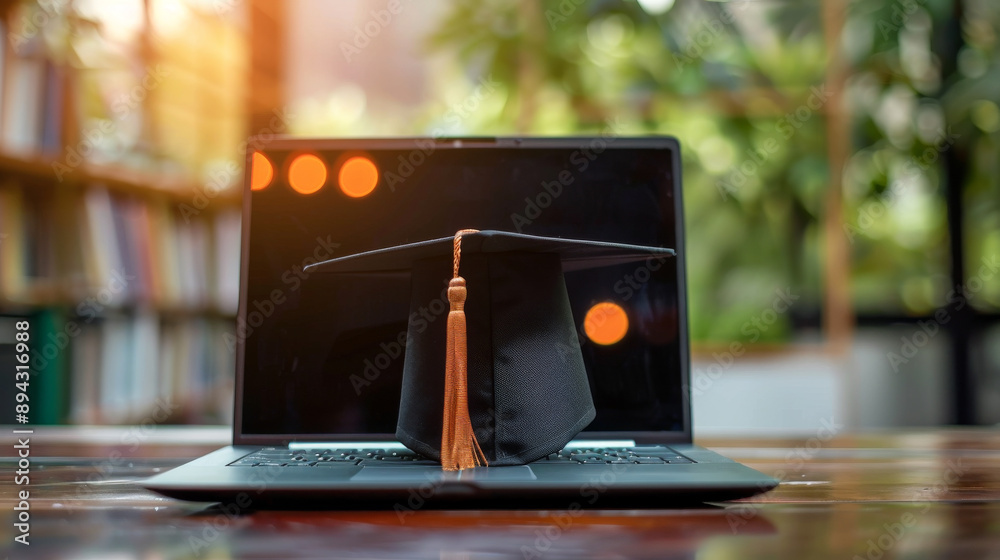 A graduation cap on a laptop depicts online education. This sleek and ...
