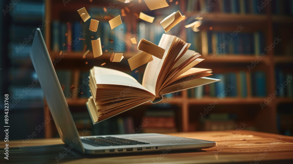 Paper books fall into a laptop, showing the shift towards online ...