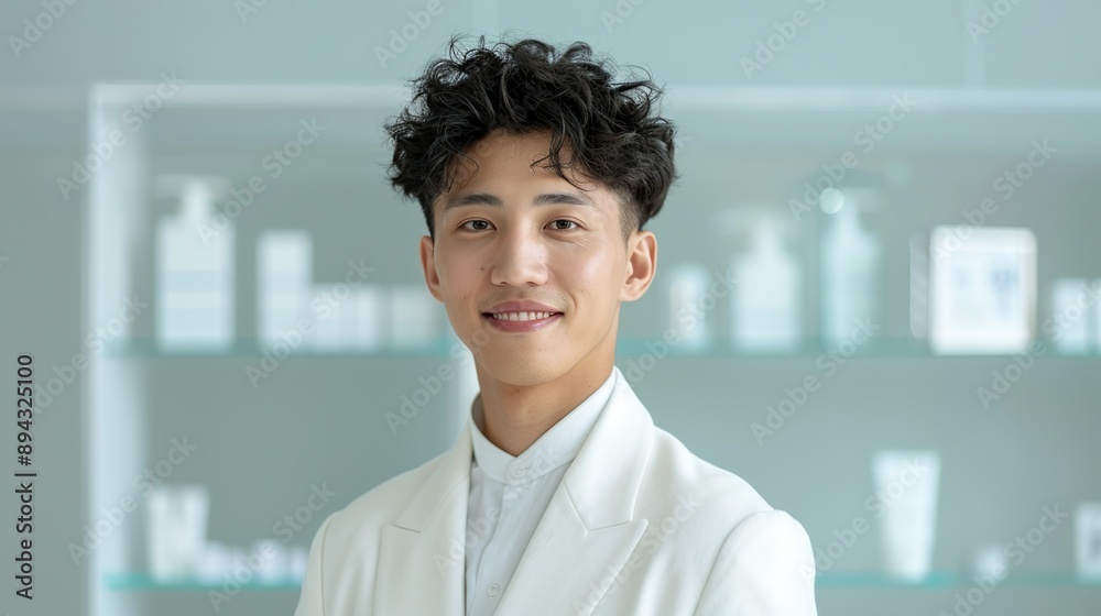 Realistic hyper-detailed portrait of a cheerful young Asian man hotel ...