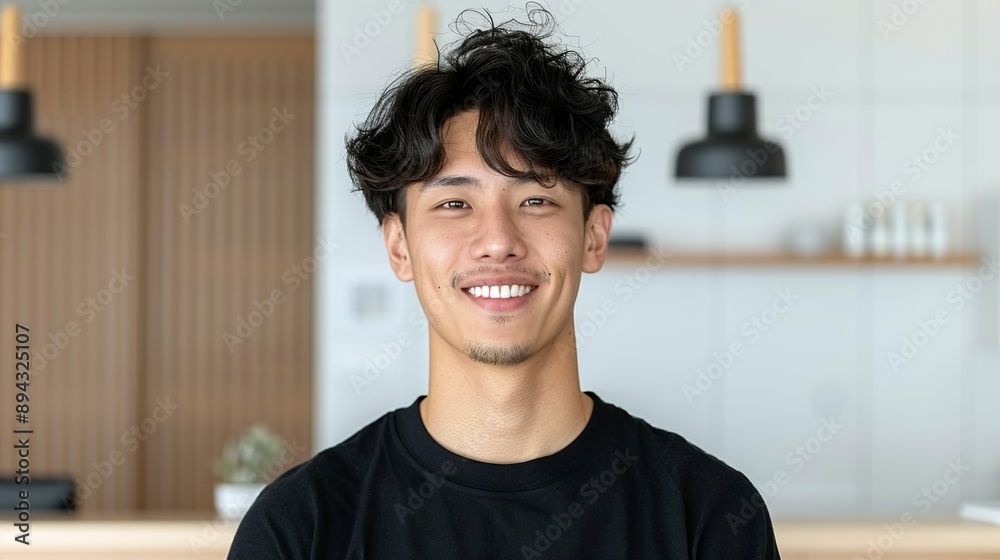 Realistic hyper-detailed portrait of a cheerful young Asian man hotel ...