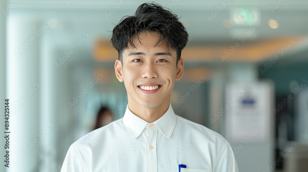 Realistic hyper-detailed portrait of a cheerful young Asian man hotel ...