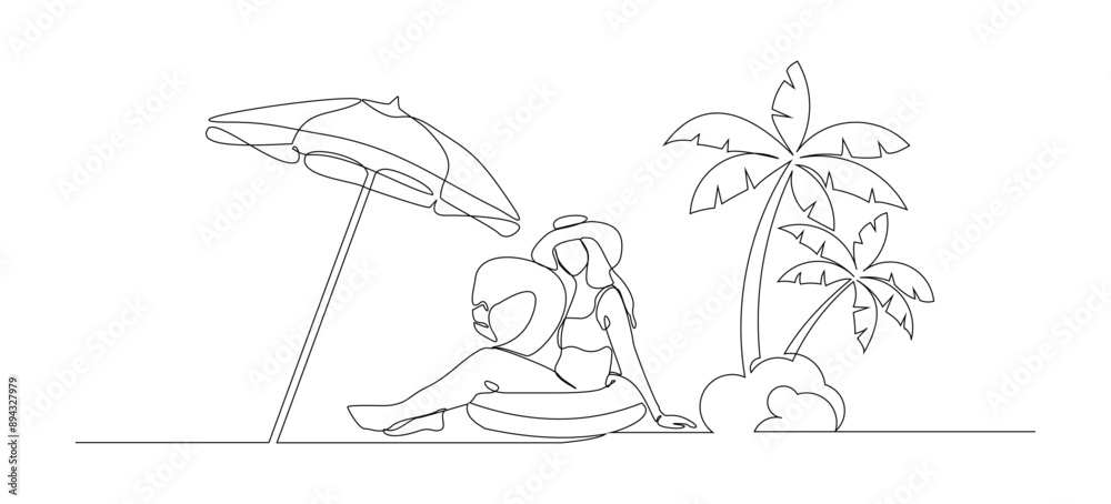 Continuous single line sketch drawing beach vacation summer travel ...