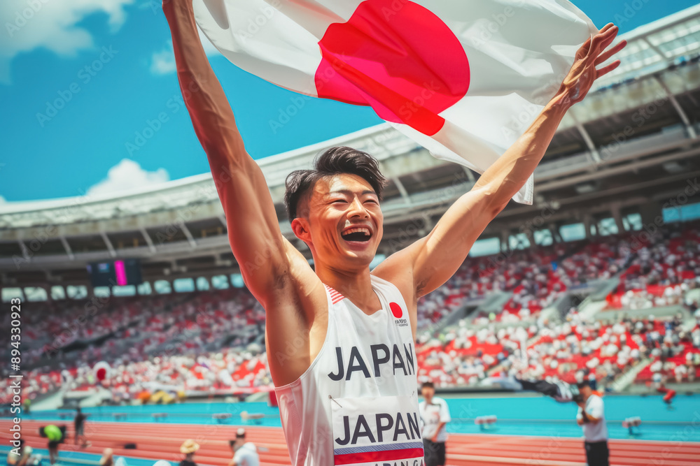 Triumphant Japanese Male Athlete with Flag at Paris 2024 Olympics. A ...