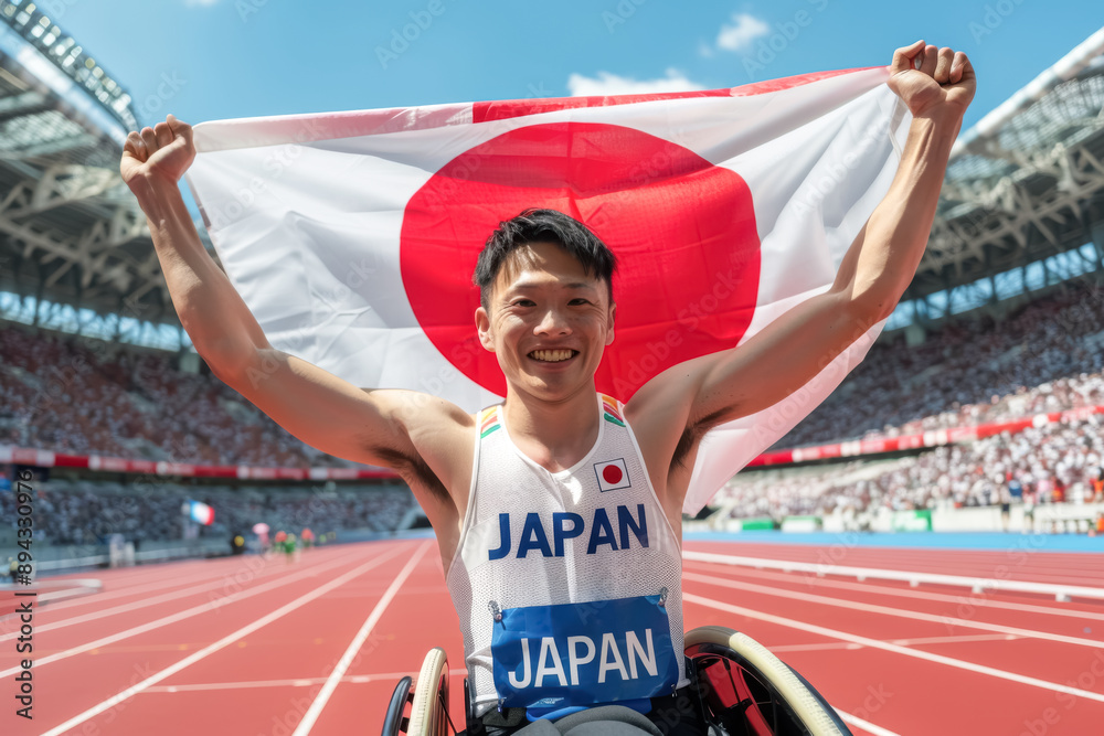 Triumphant Japanese Male Athlete with Flag at Paris 2024 Olympics. A ...