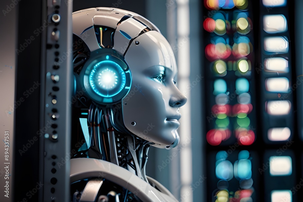 AI robot with futuristic headset and advanced technology features in a ...