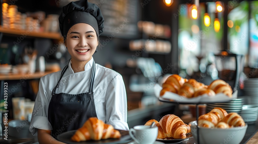 Baker with Croissants in Modern Cafe. Young baker in a black chef's hat ...