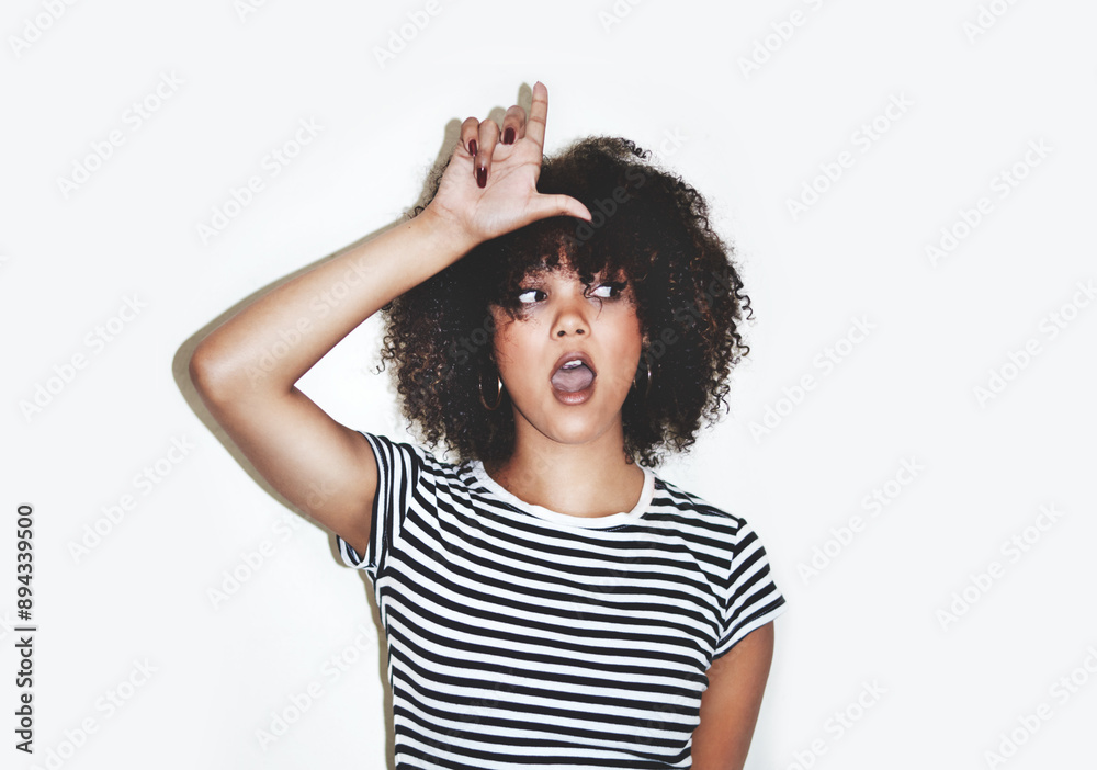 Teenager, girl and loser hand sign with wow, gen z gesture and surprise ...