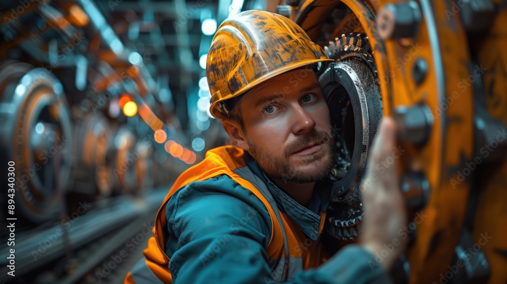 Engineer Inspecting Tunnel Boring Machine. Engineer in a hard hat and ...
