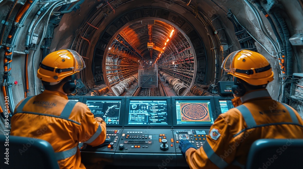 Engineers Operating Tunnel Boring Machine in Tunnel. Two engineers in a ...