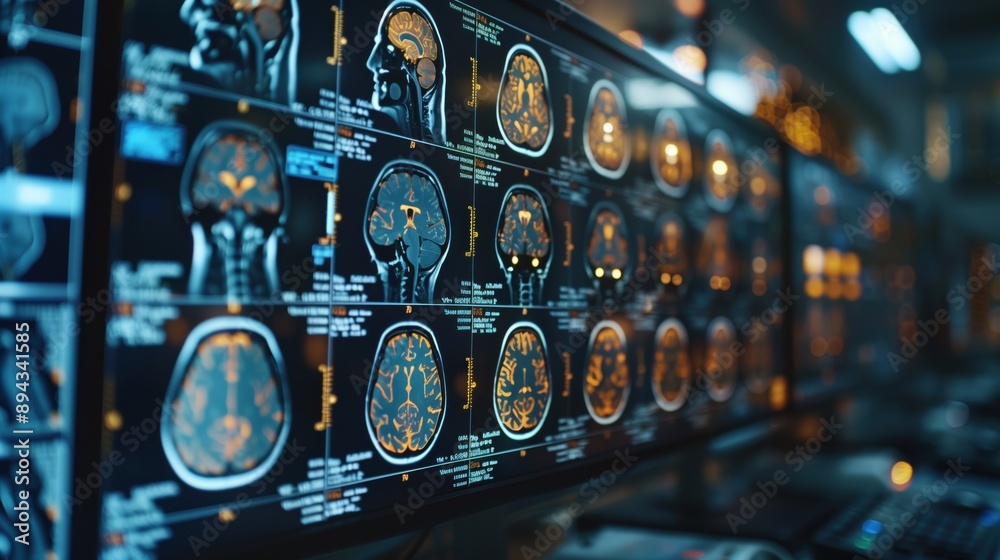 Medical Monitors Displaying Brain Imaging. Medical monitors in a ...